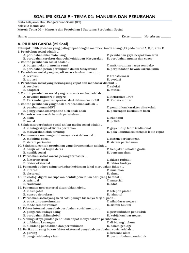 Soal IPS9 Tema01 Manusia Dan Perubahan | PDF