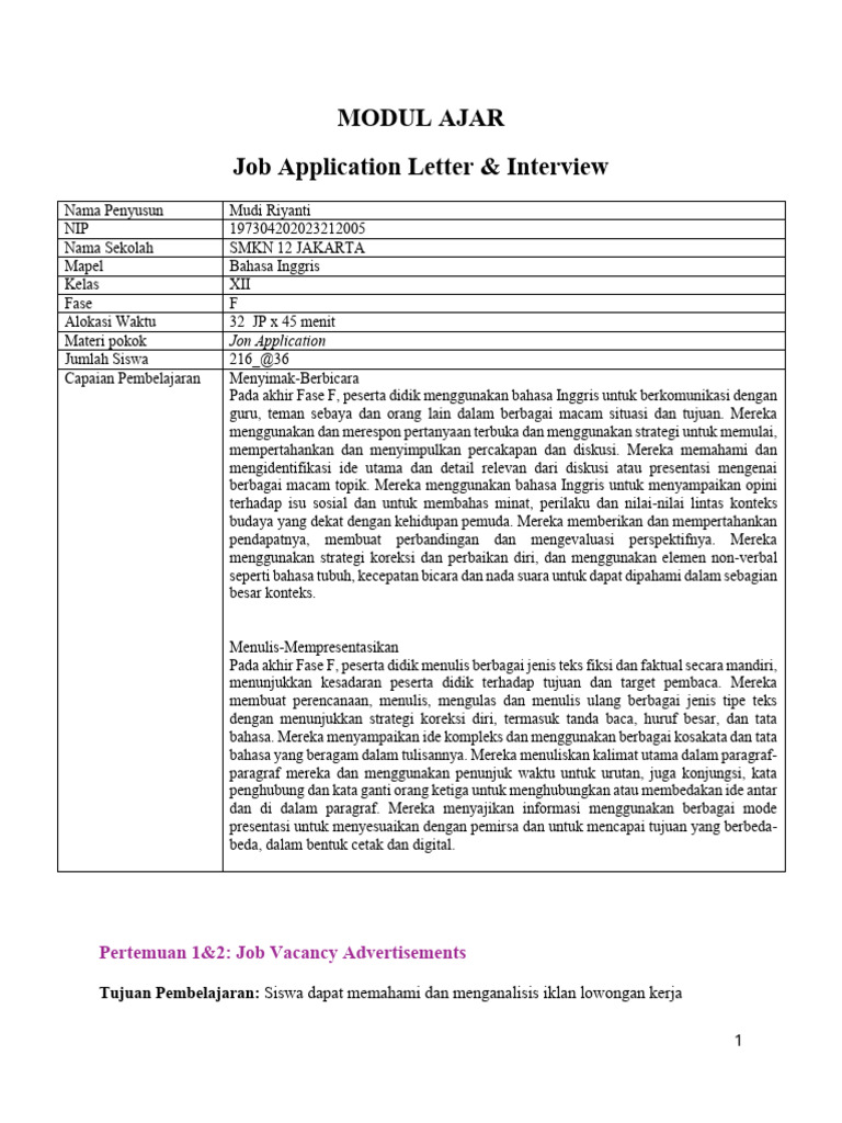 Modul Ajar Job Application Letter & Interview | PDF