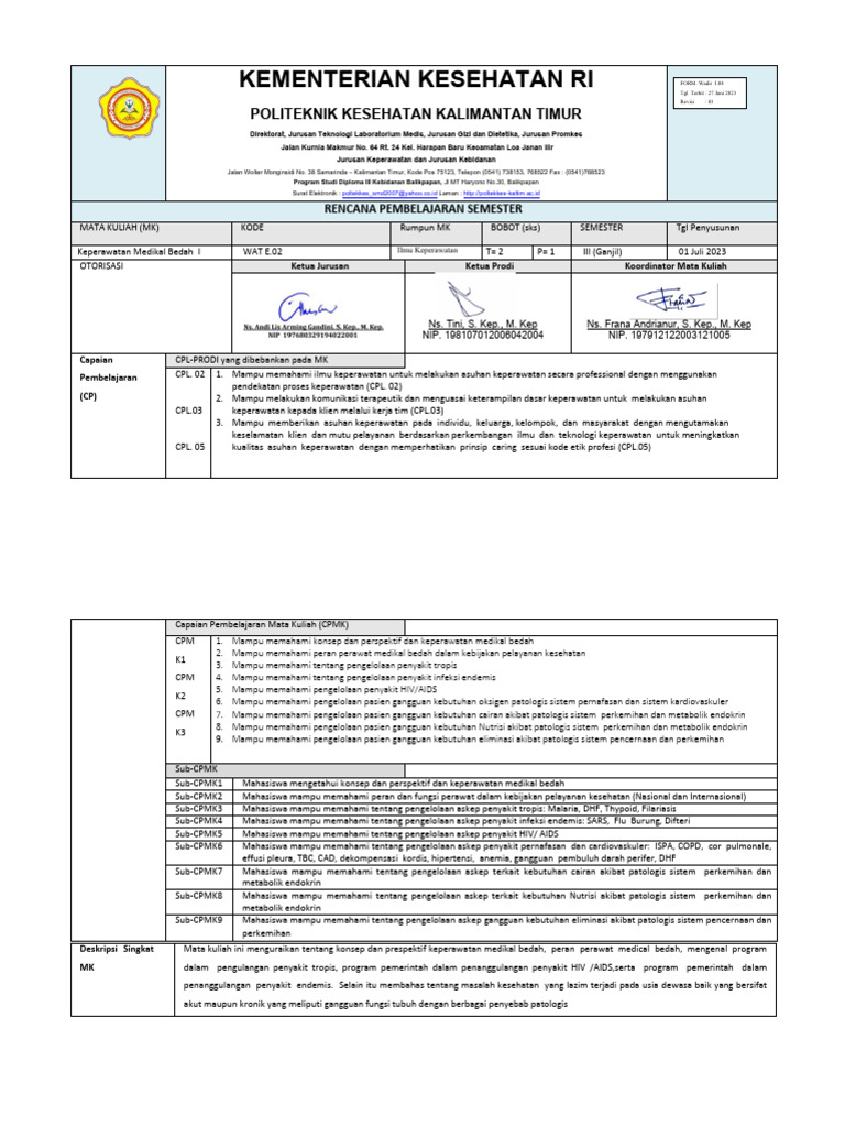 RPS Pembagian Tugas KMB I D3 Keperawatan Reguler 2024 Fix | PDF