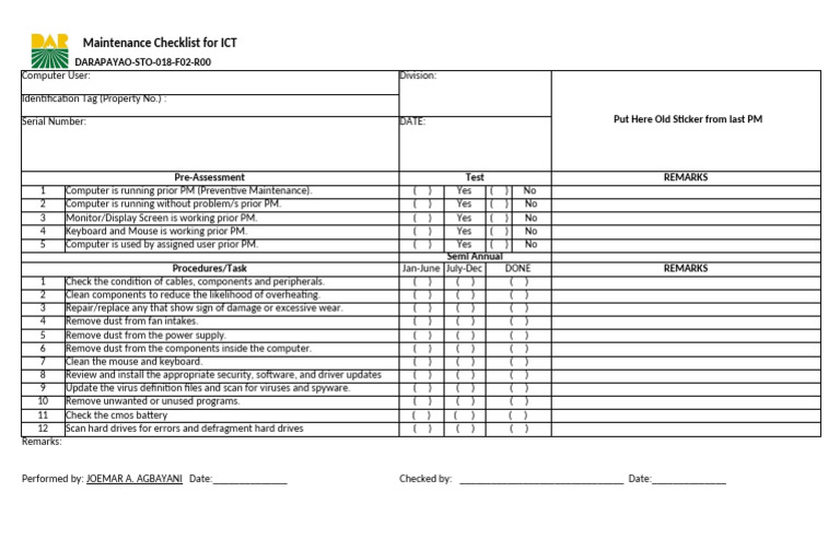 DARPAL-STO-018-F02-Maintenace Checklist-ICT | PDF | Computer Virus | Office Equipment