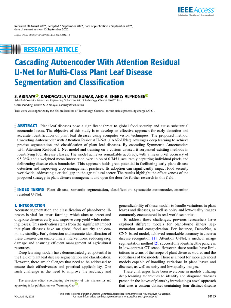 Cascading Autoencoder With Attention Residual U-Net For Multi-Class Plant Leaf Disease ...