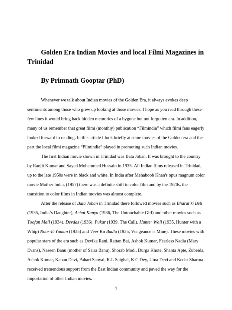 Golden Era Indian Cinema in Trinidad | PDF | Cinema Of India | Film ...