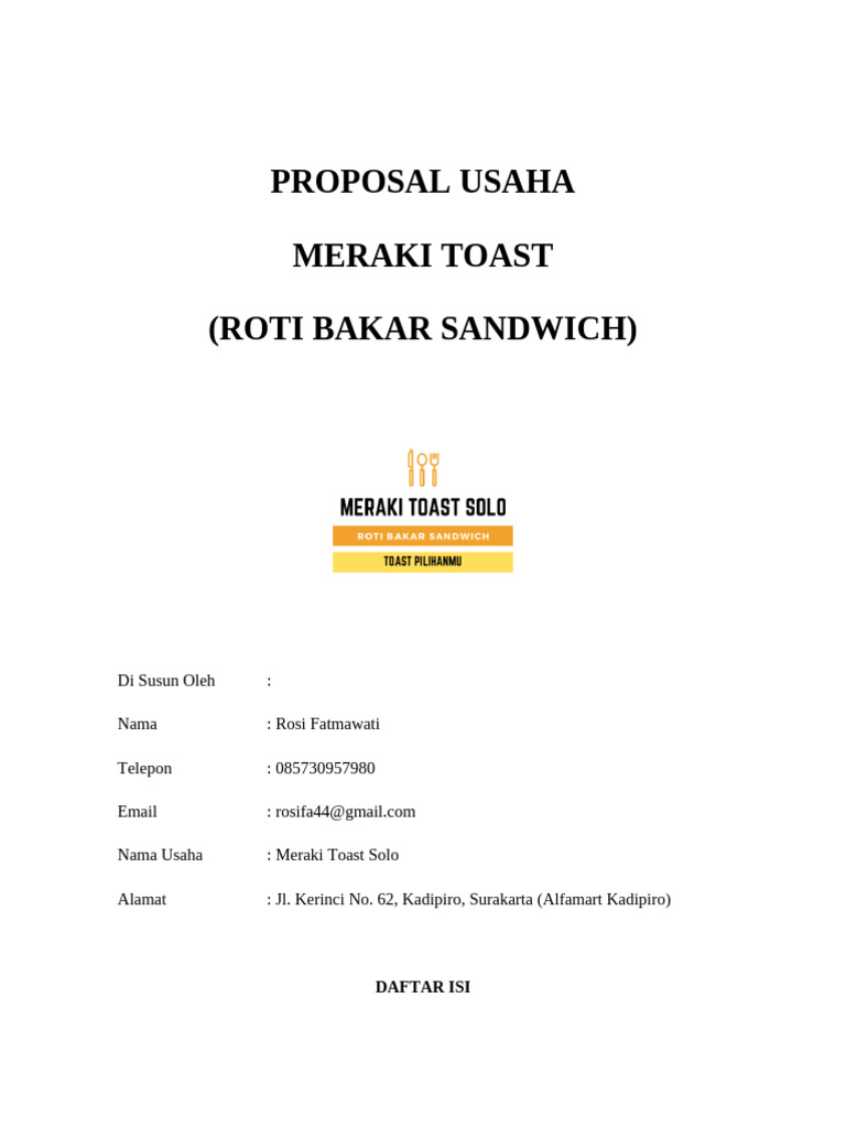 Contoh Proposal Usaha Roti Bakar | PDF