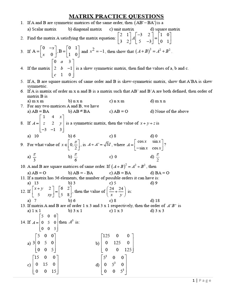 Square Matrix Practice Problems | PDF | Matrix (Mathematics ...
