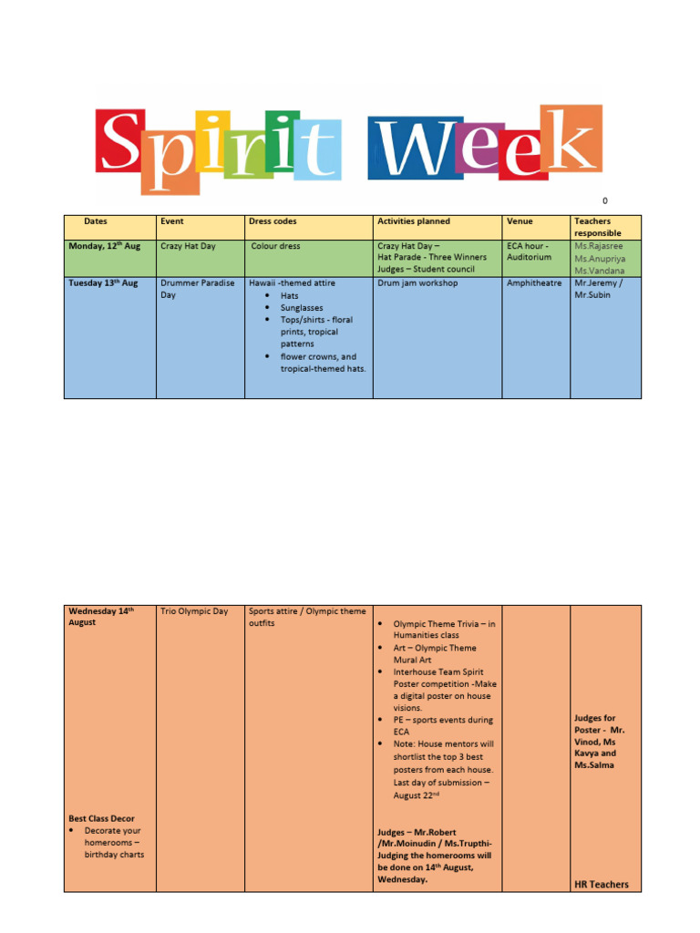 School Spirit Week Event Guide | PDF | Human Appearance | Softlines ...