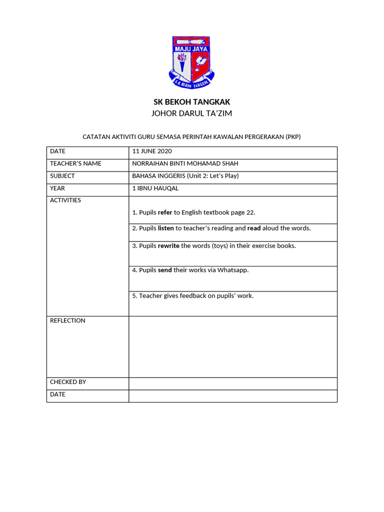 RPH Year 1 PKP 11.6.2020 (Raihan) | PDF