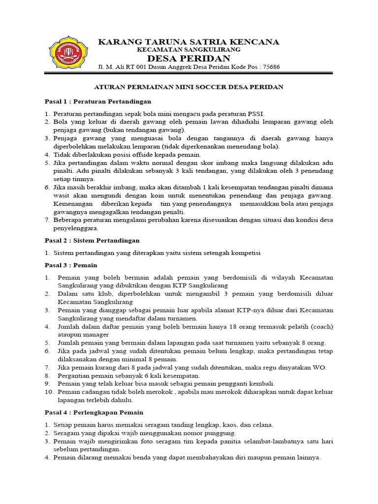 Aturan Permainan Mini Soccer Desa Peridan 2025 | PDF