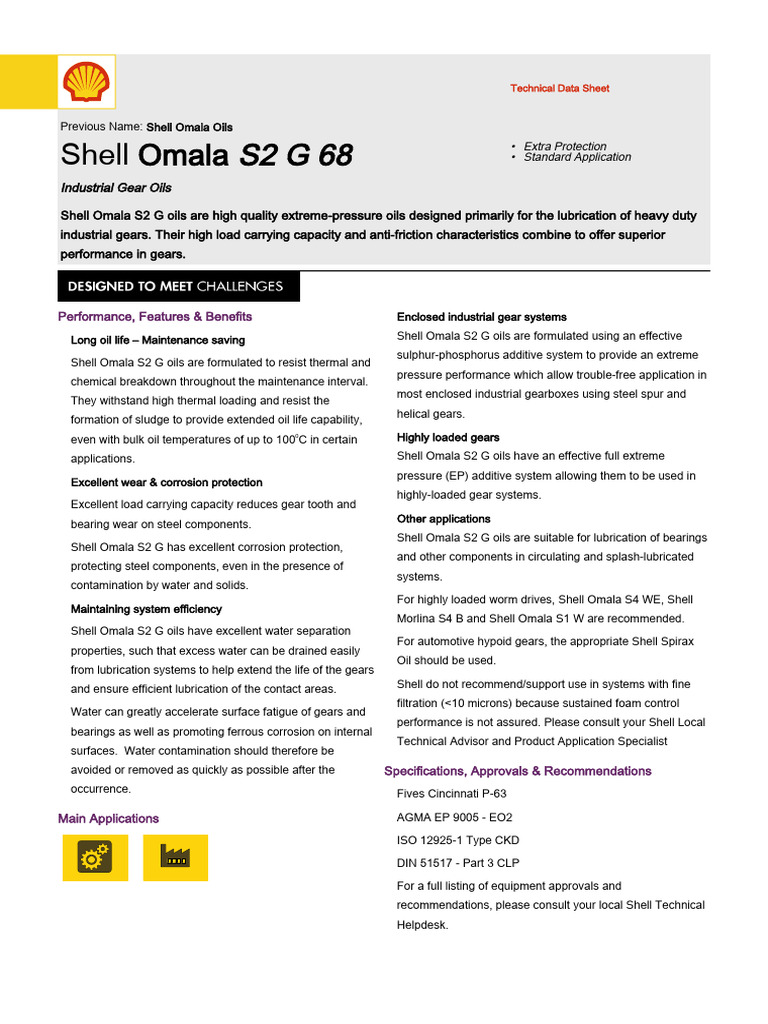 Shell Omala S2 G 68 Technical Data Sheet | PDF | Gear | Physical Sciences