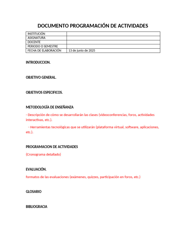 Documento Programación de Actividades | PDF