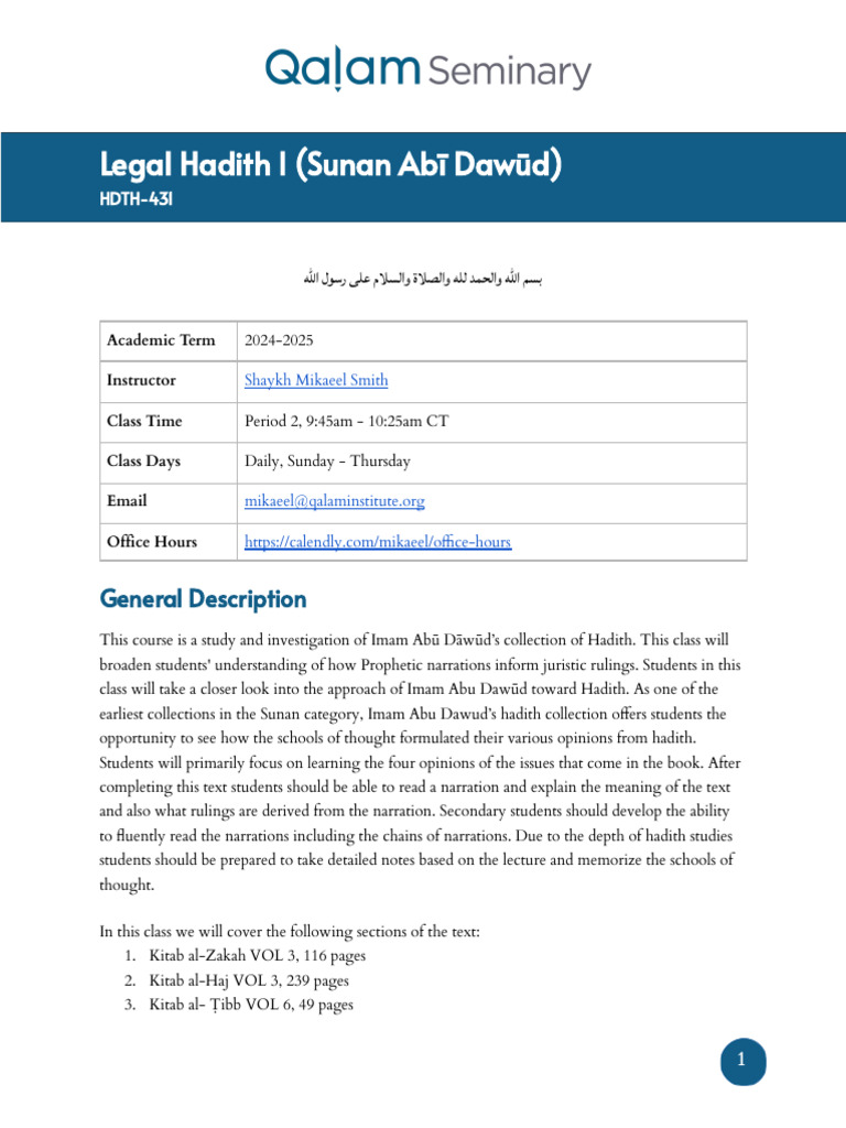 HDTH-431 - Abu Dawud Syllabus 2024-2025 | PDF | Hadith | Translations