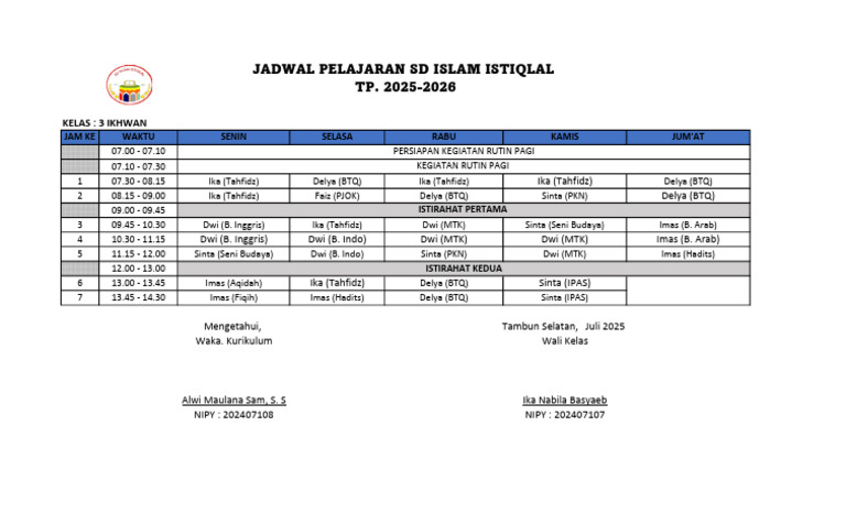 Jadwal Kelas 3 Ikhwan (Rev 2) | PDF