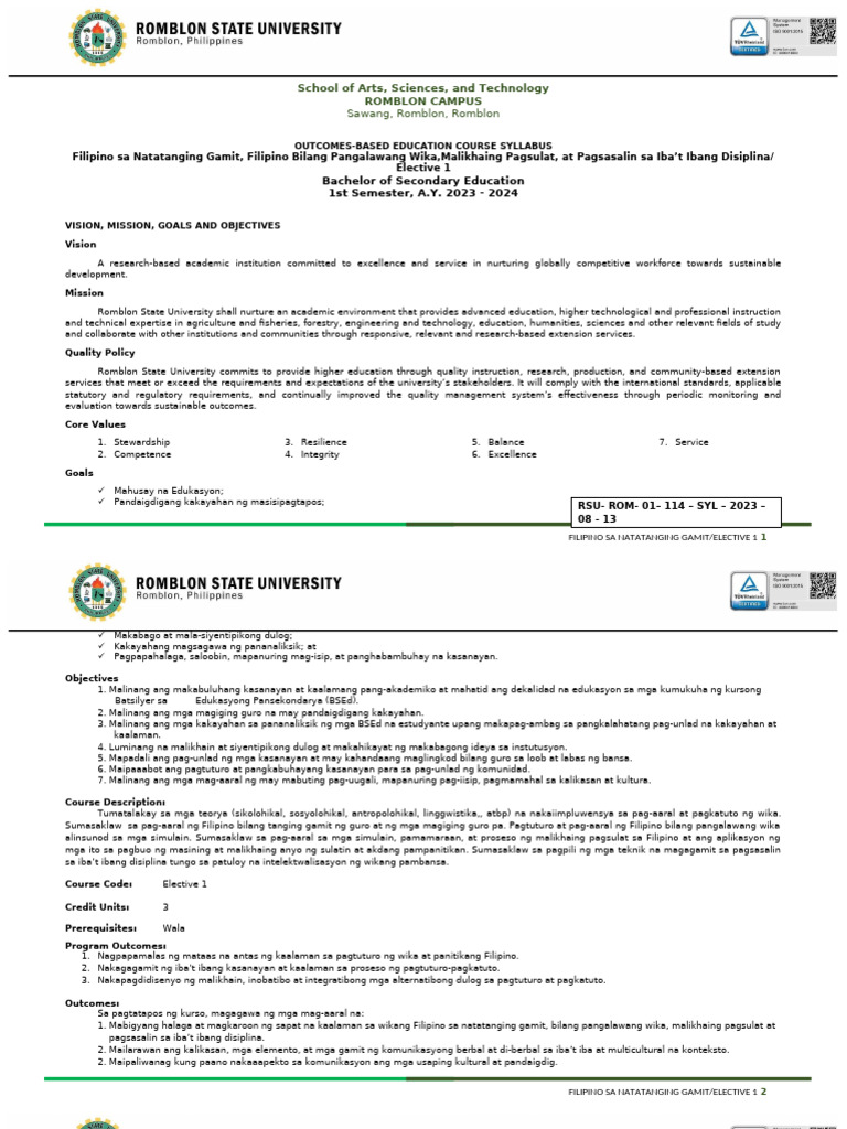 2023 - Elective1 Fil Sa Natatanging Gamitsyllabus | PDF