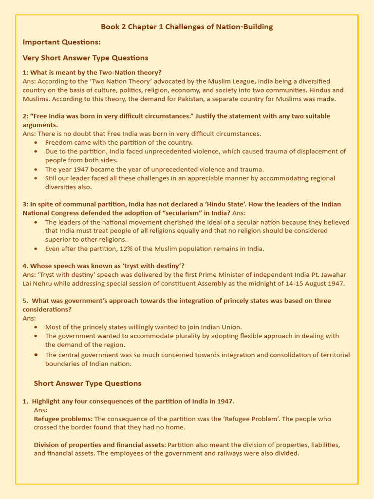 CH 1 Worksheet Challenges of Nation Building | PDF | Partition Of India ...
