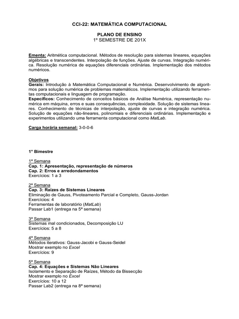 Matemática Computacional: Plano de Ensino | PDF | Análise numérica ...
