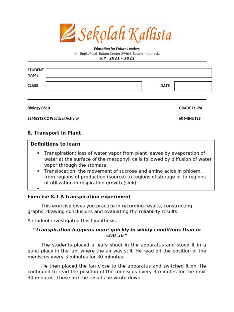 Practical Activity (Transport in Plant - Transpiration) | PDF ...