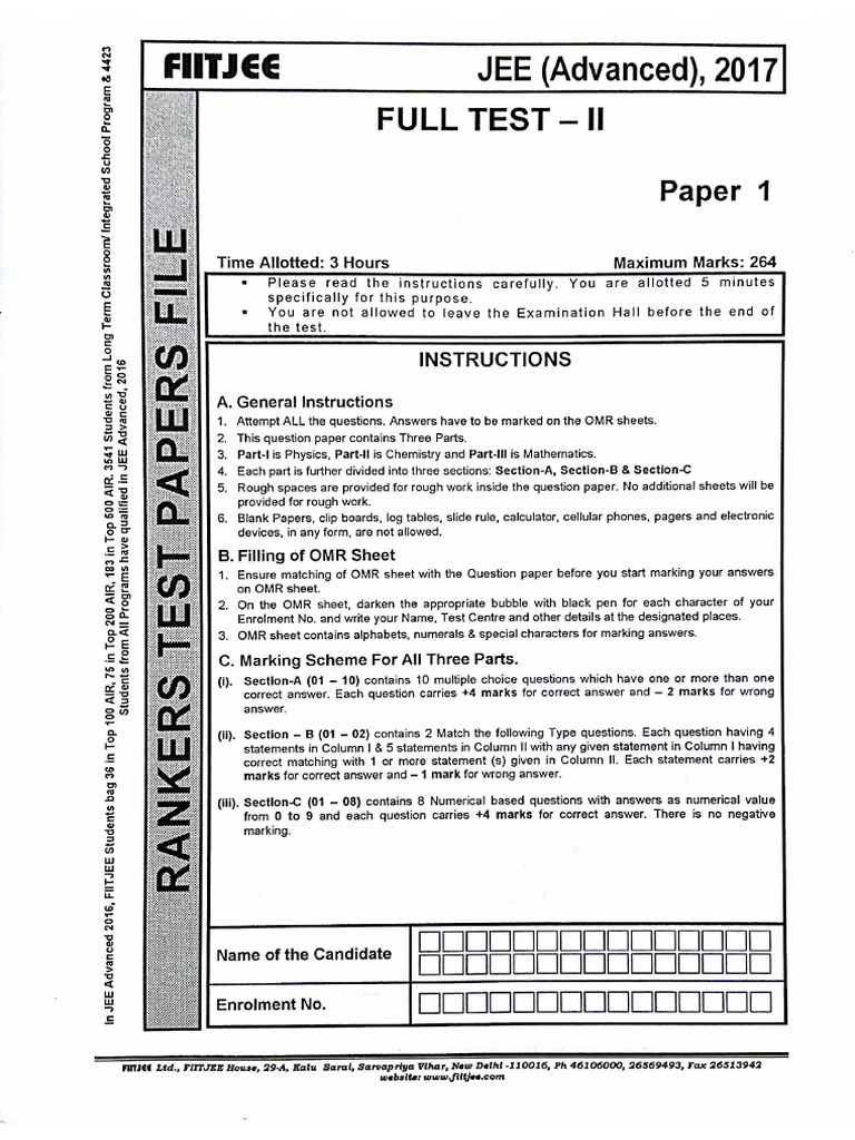 JEE Advanced Full Test II Paper 1 | PDF