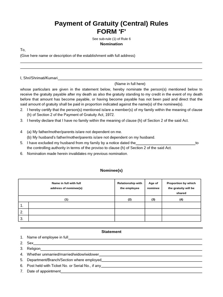 Form F Nomination-Gratuity | PDF