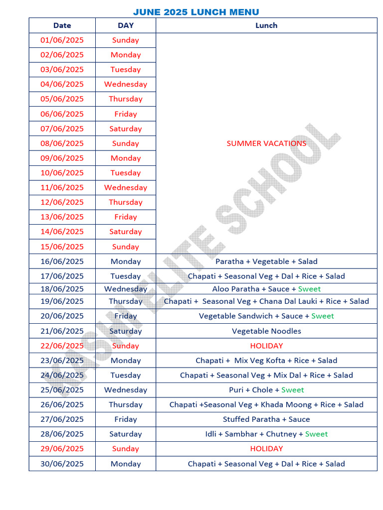 June 2025 Lunch Menu | PDF