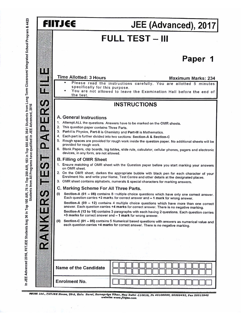 JEE Advanced Full Test III Paper 1 | PDF
