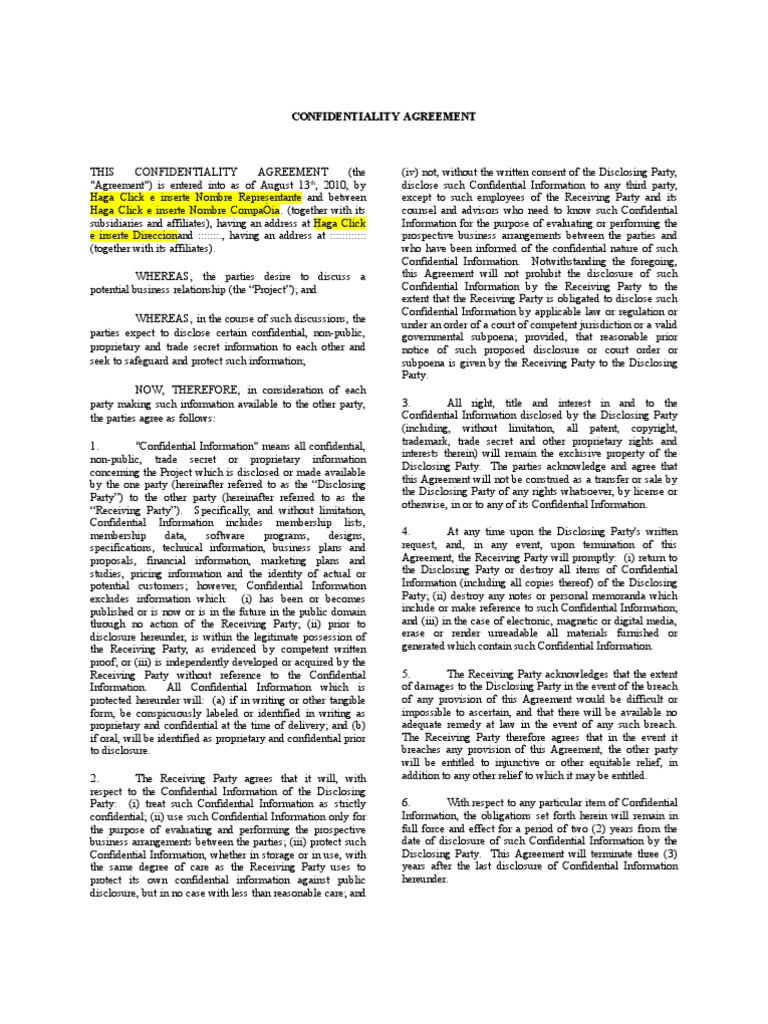 Modelo de NDA (English) | Confidentiality | Non Disclosure Agreement