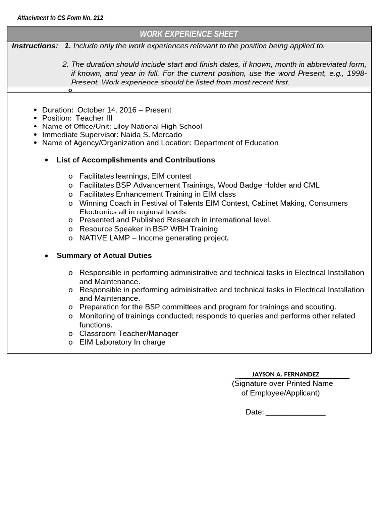 CS Form No. 212 Attachment - Work Experience Sheet | PDF