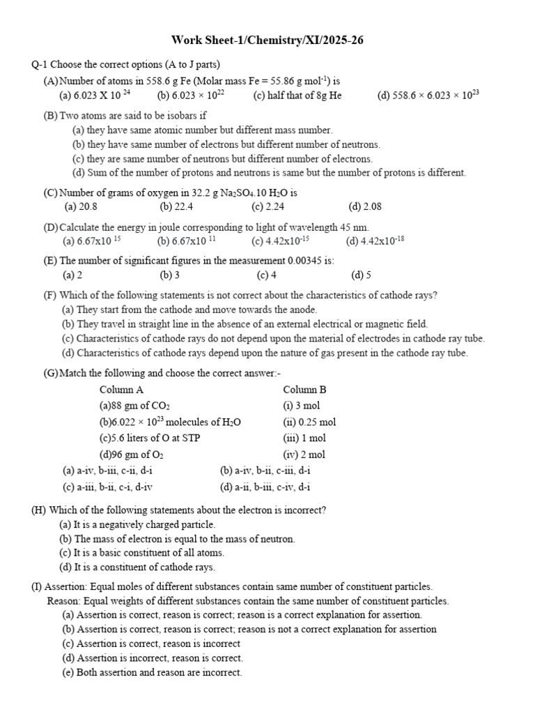 Work Sheet-1 Class 11 Chemistry | PDF | Mole (Unit) | Atoms