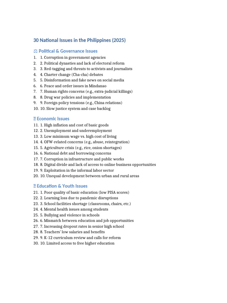 30 National Issues Philippines 2025 | PDF