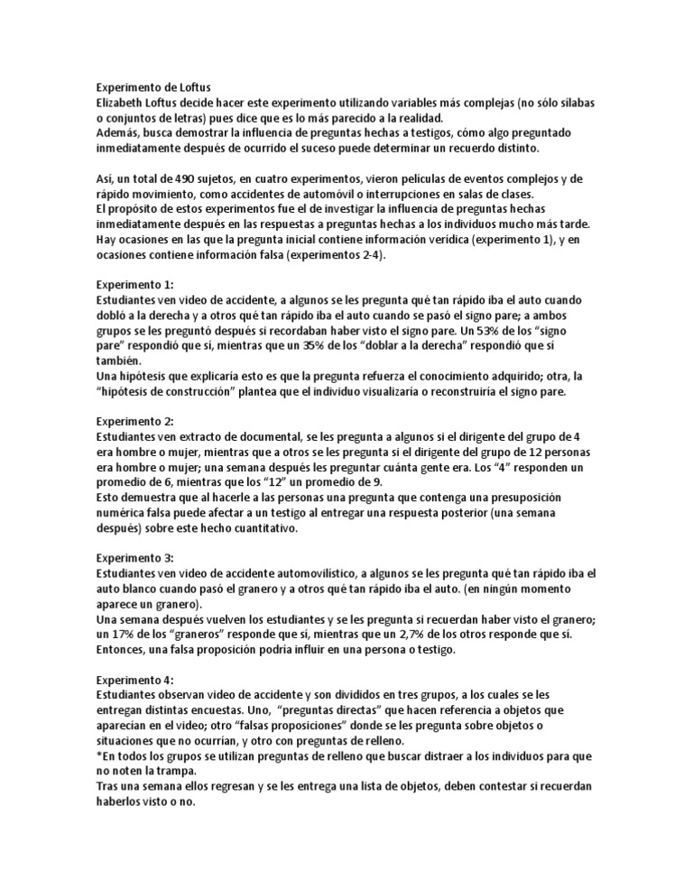 Experimento de Loftus | PDF | Hipótesis | Ciencia cognitiva