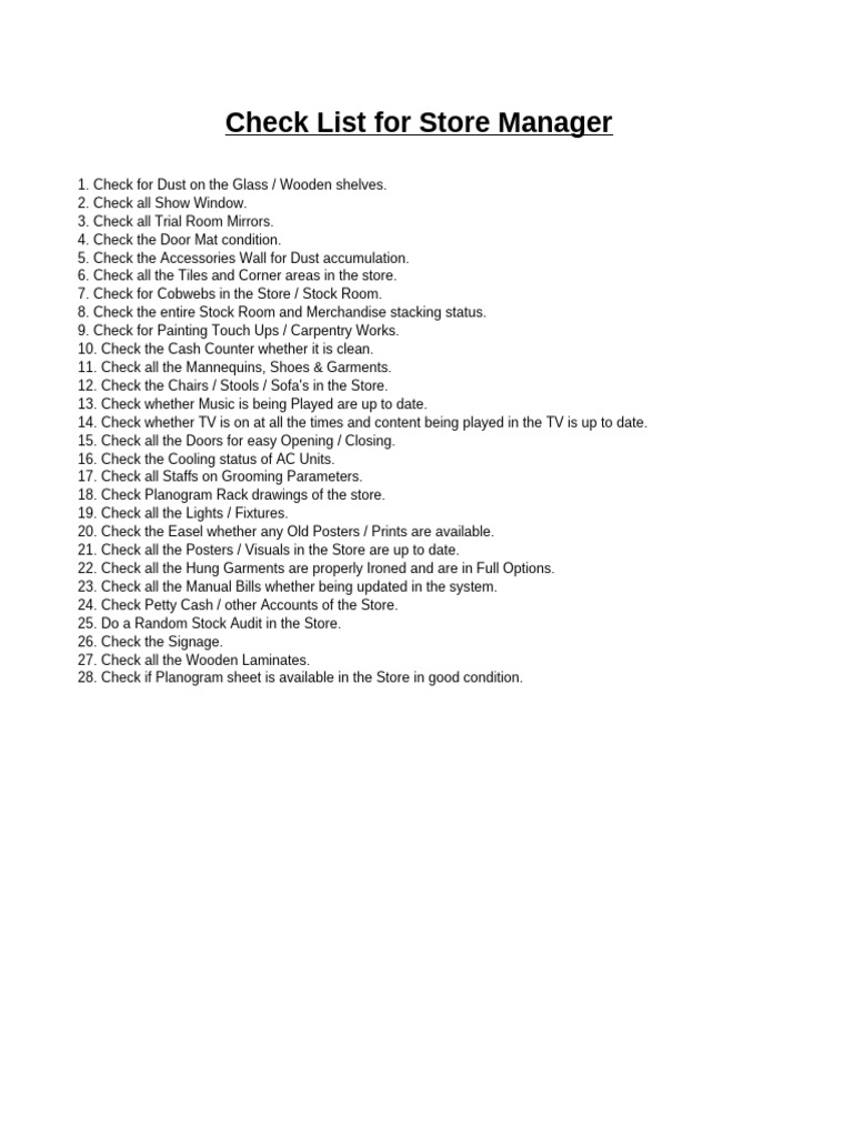 Store Manager Checklist Overview | PDF