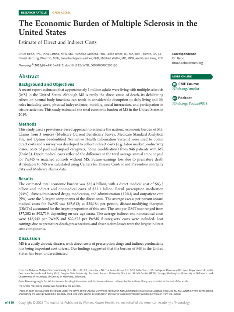The Economic Burden of Multiple Sclerosis in The United States | PDF ...