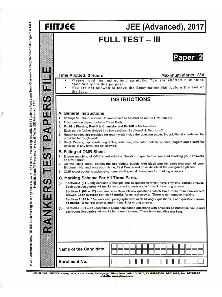 RTPF JEE Advanced 2017 Full Test III Paper 2 | PDF