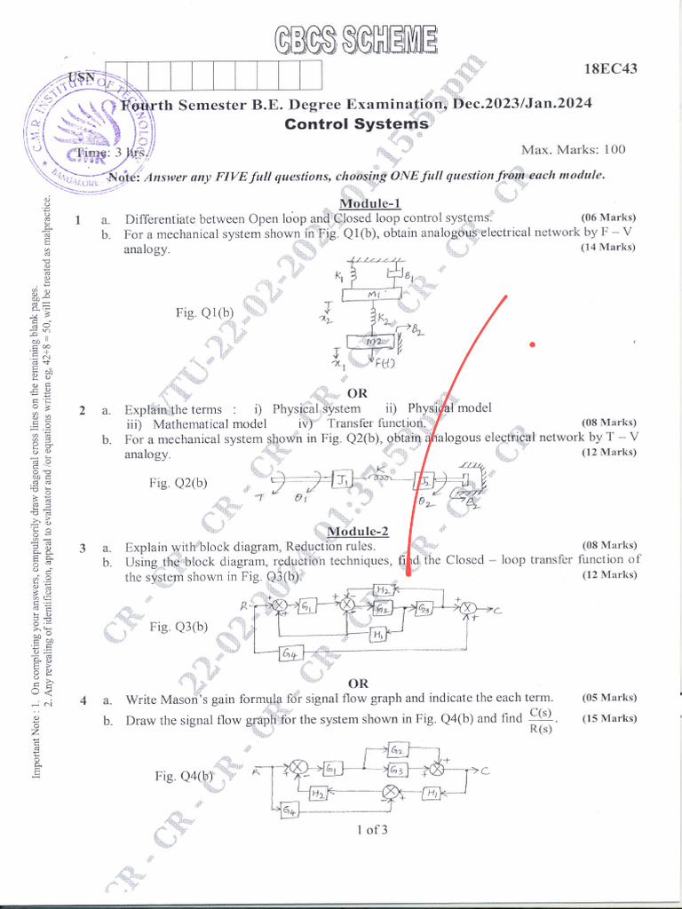 VTU Question Paper of 18EC43 Control Systems Jan-Fab-2024 | PDF