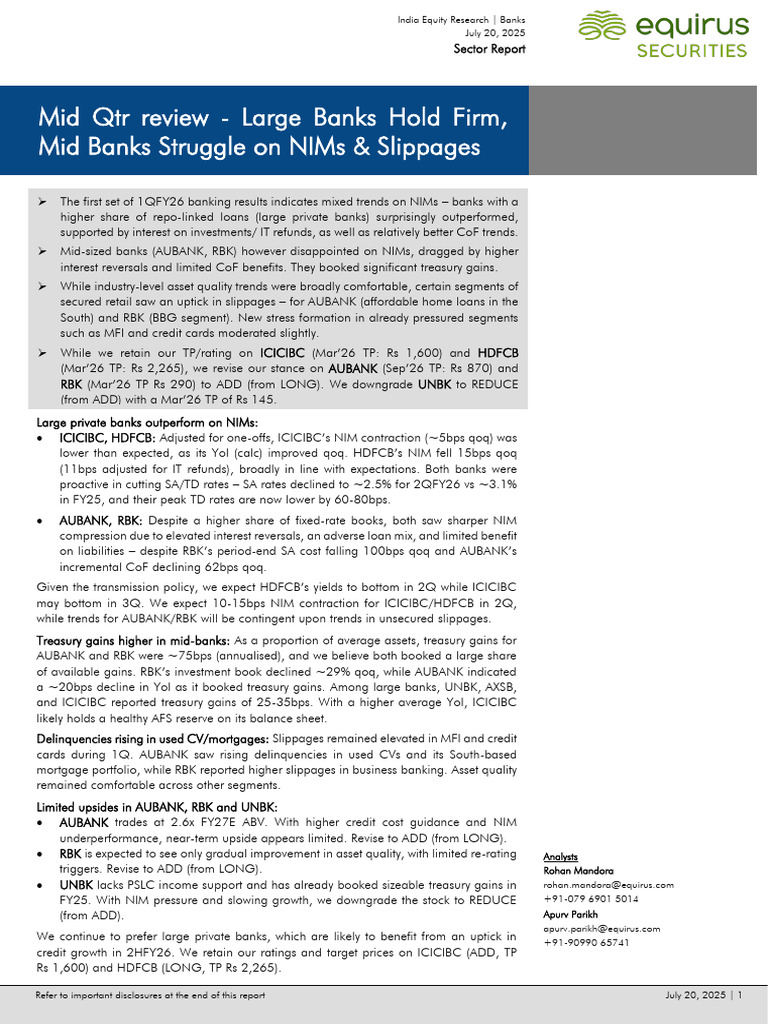 Equirus Banks Sector Note - Mid QTR Review - Large Banks Hold Firm Mid ...
