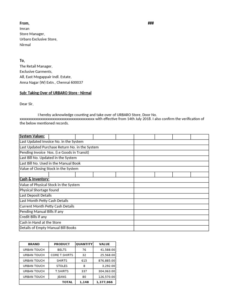 Store Manager Take Over Letter | PDF