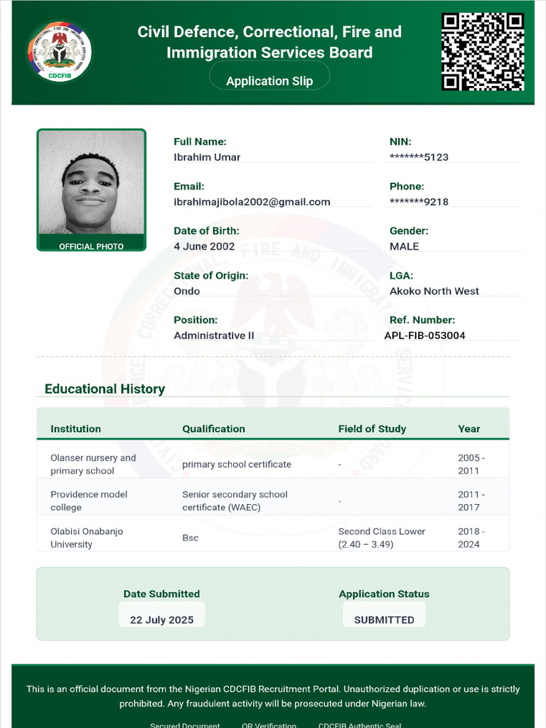 Ibrahim - Ajibola Umar - Application-Slip | PDF