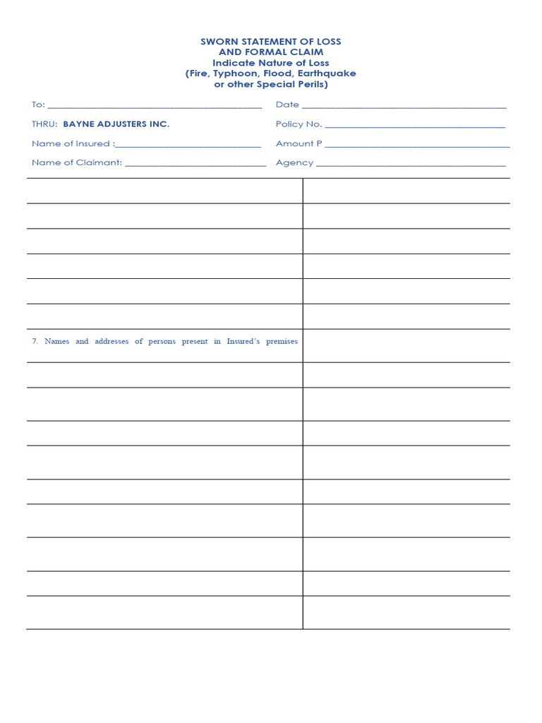 Sworn Statement of Loss and Formal Claim | PDF | Insurance