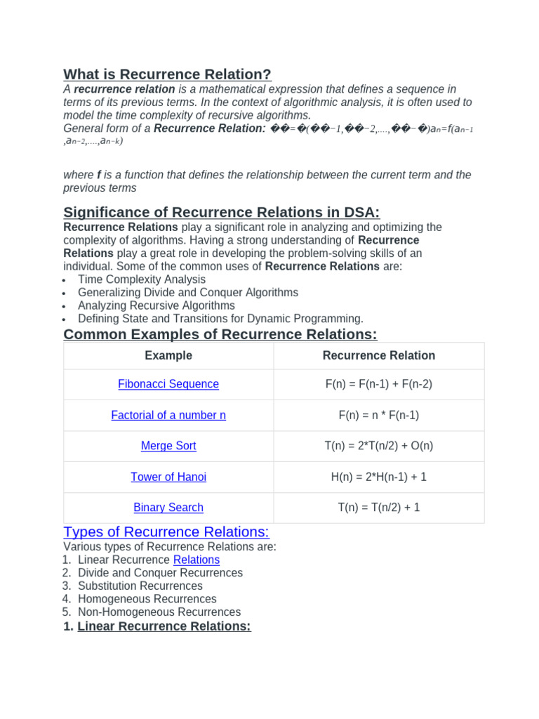 DAA - UNIT1Recurrence Relation | PDF | Recurrence Relation | Time Complexity