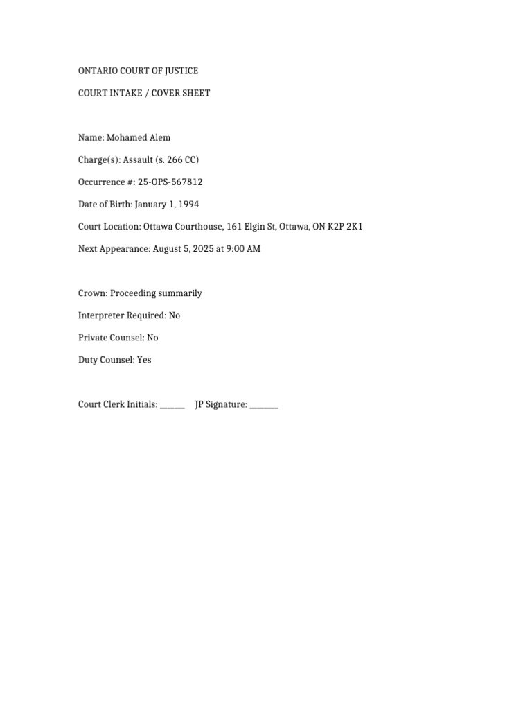 Ontario Court Assault Case Intake Sheet | PDF