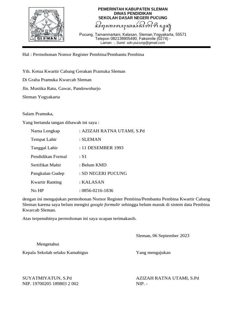 Surat Permohonan Nomor Register Pembina (KMD) | PDF