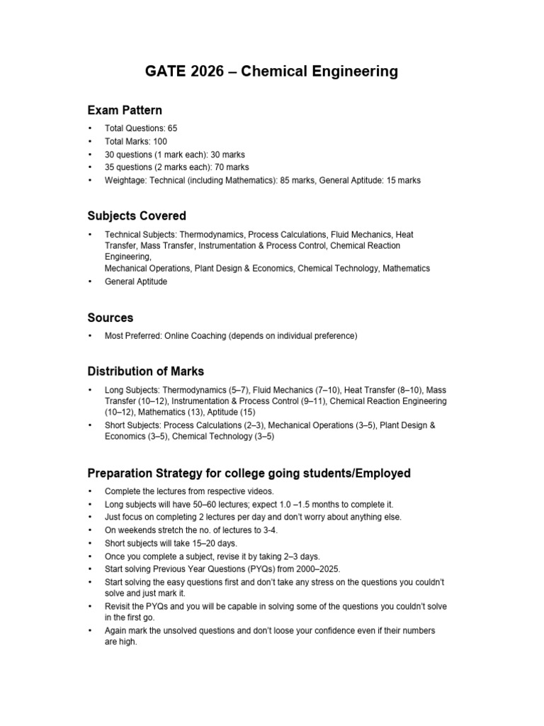 GATE 2026 Chemical Engineering Plan | PDF | Heat | Chemical Engineering