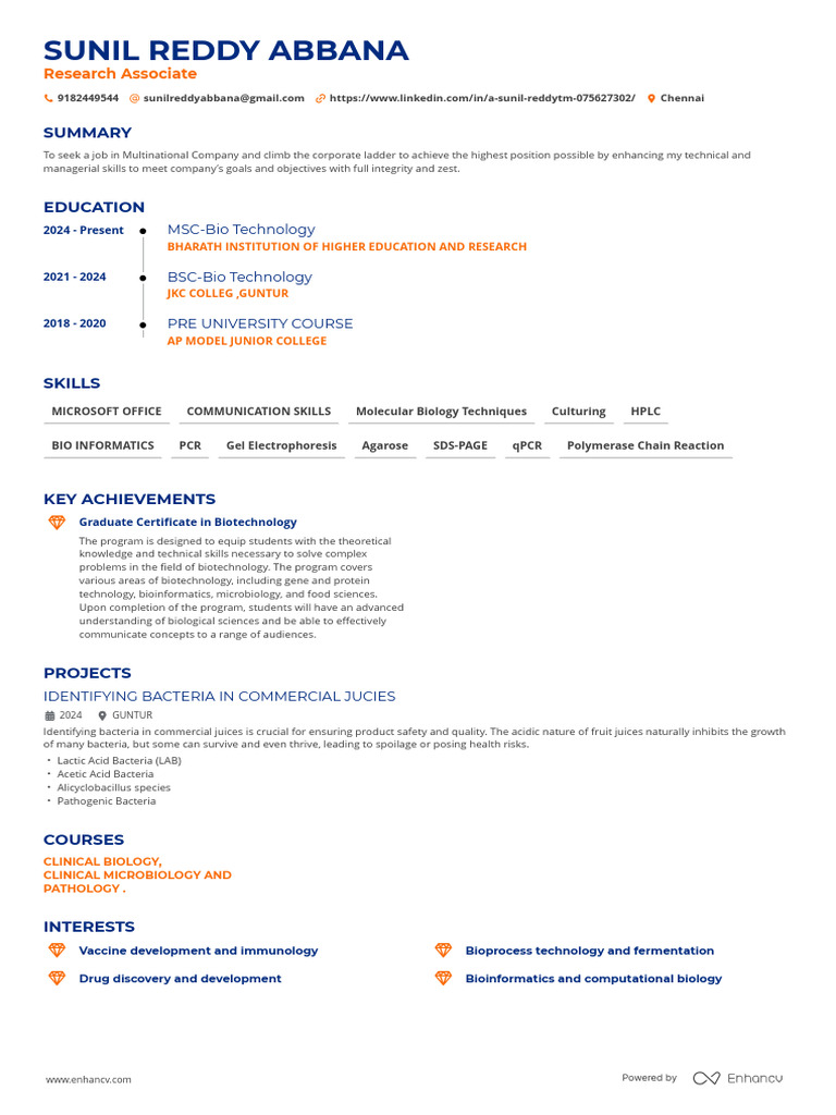 Sunil Reddy Abbana Resume | PDF | Bioinformatics | Polymerase Chain ...