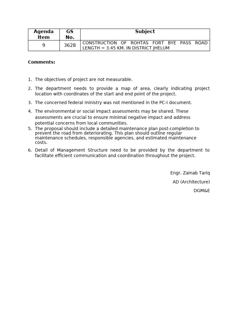 24th PDWP, Agenda N.O 9 Construction of Rohtas Fort Bye Pass Road ...