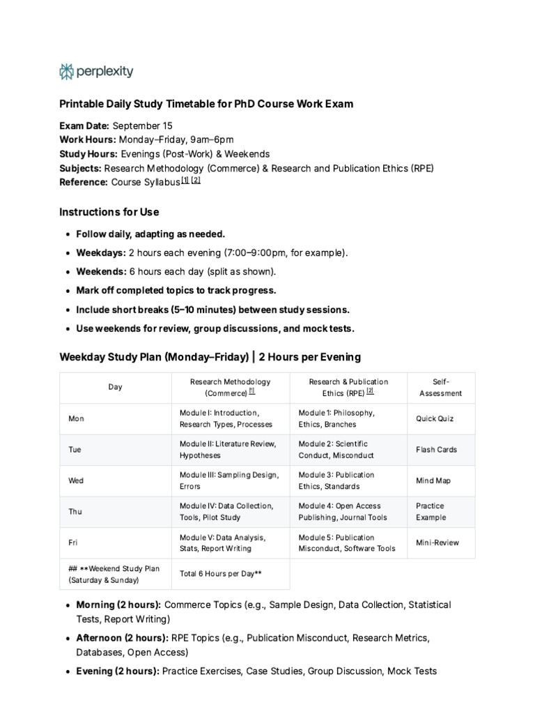 PhD Exam Study Schedule: RPE & Commerce | PDF | Workweek And Weekend ...