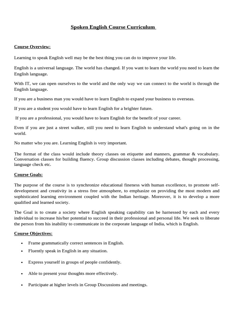 Spoken English Course Syllabus New | PDF | Grammatical Tense | Subject ...