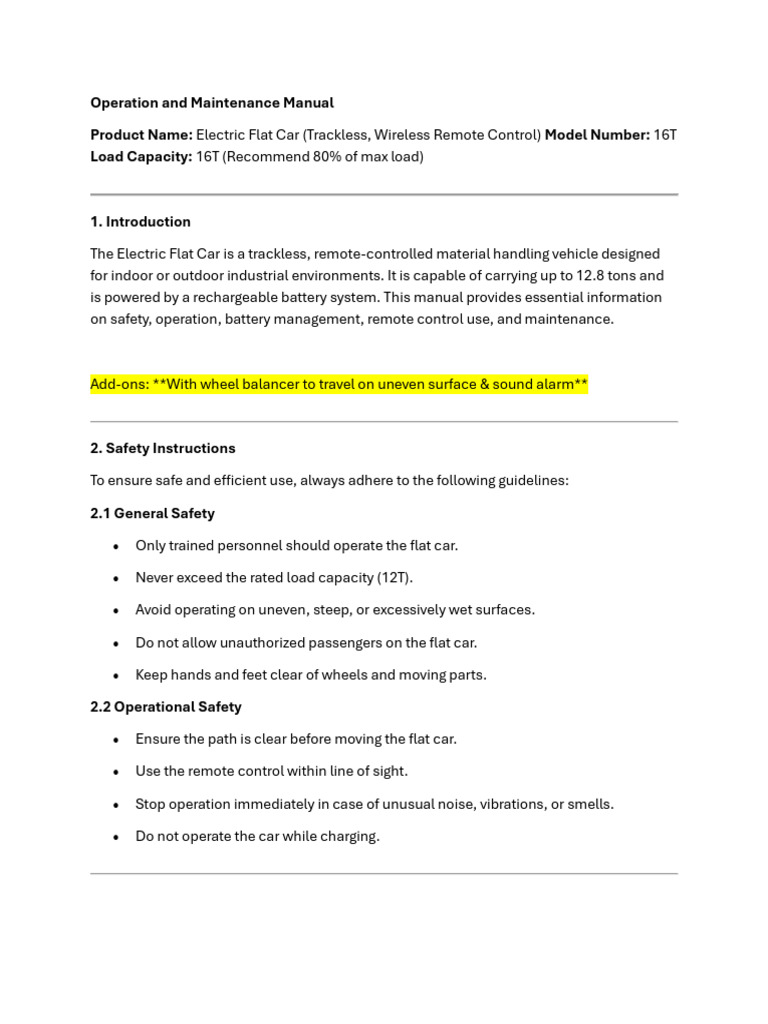Electric Flat Car User Manual - 16tons | PDF | Battery Charger ...