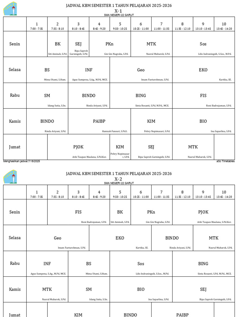 Jadwal KBM Setiap Kelas - 2025-2026 | PDF