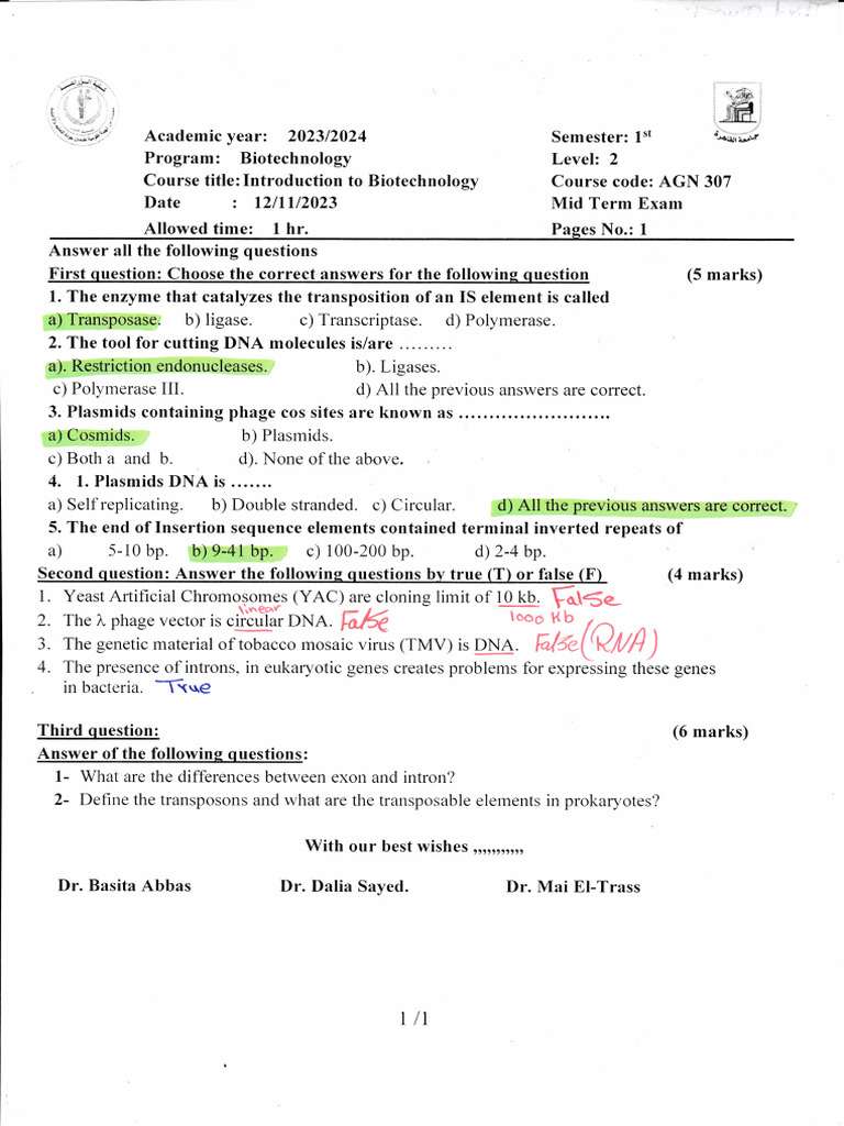 Intro Mid-Term 2023-2024 | PDF | Dna | Plasmid