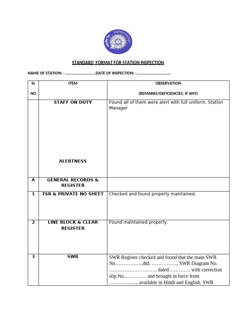Station Inspection Standard Format | PDF | Electricity | Electrical ...