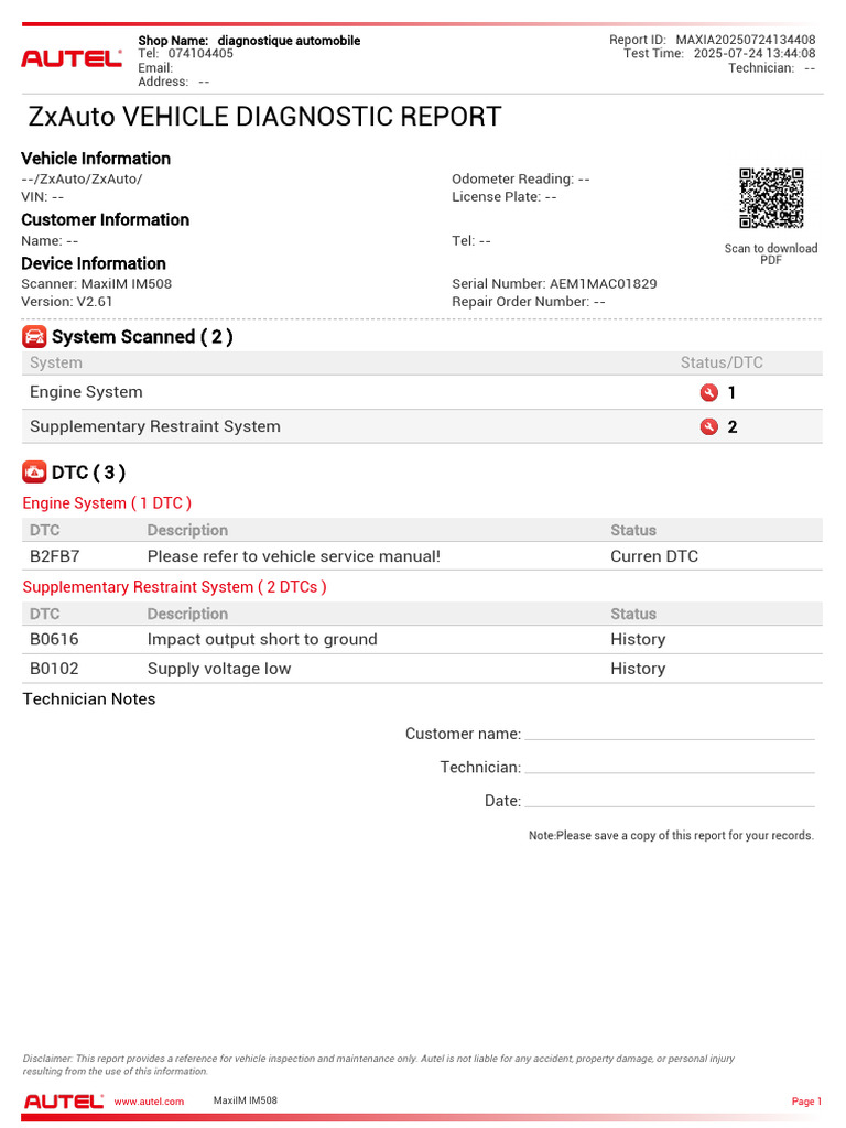 Zxauto Vehicle Diagnostic Report 20250724134408 | PDF | Manufactured ...