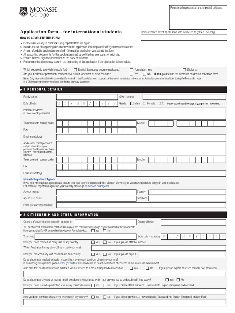 Monash College Application Form Web | PDF | Bachelor's Degree | Travel Visa